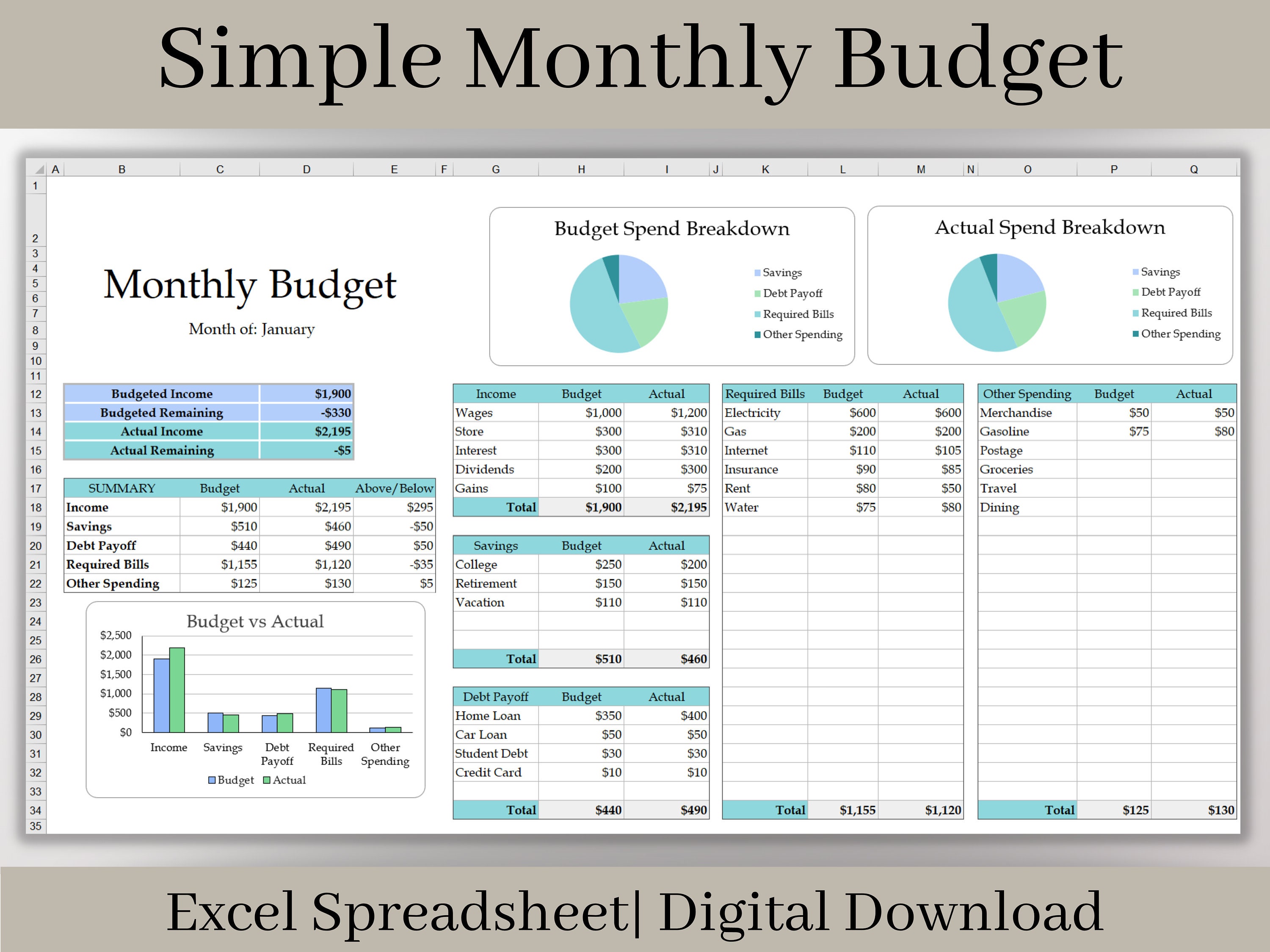 Monthly Budget Spreadsheet, Excel Planner Template, Easily Monitor Your ...