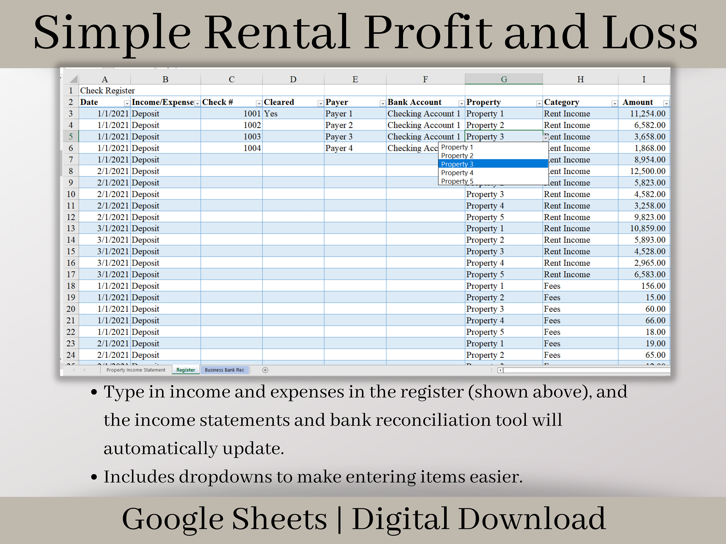Rental Income Statement Spreadsheet and Bank Reconciliation Tool, Excel ...
