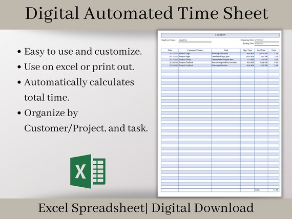 Employee Time Sheet Automated Excel File and PDF Printouts - Etsy