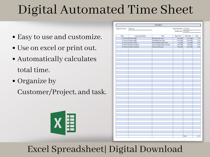 Employee Time Sheet Automated Excel File and PDF Printouts 5 Colors ...