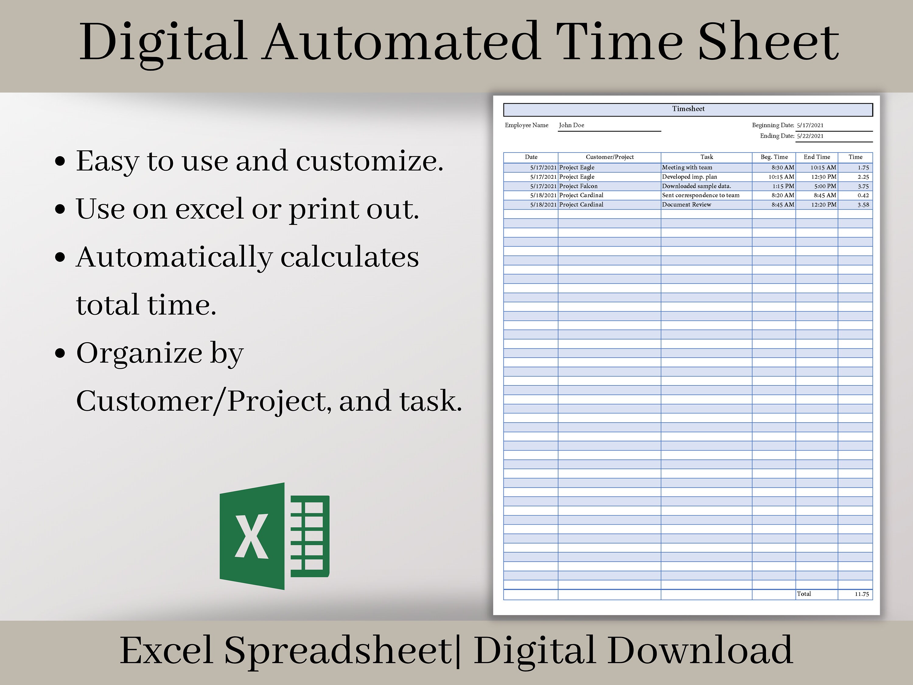Employee Time Sheet Automated Excel File and PDF Printouts 5 Colors ...