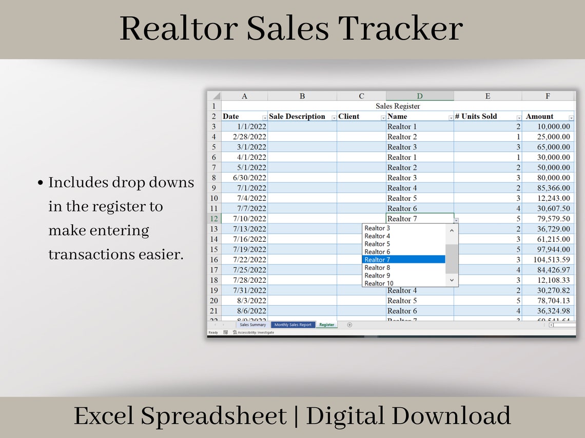 Realtor Sales Tracker Spreadsheet, Excel Template., Track Your Realtor ...