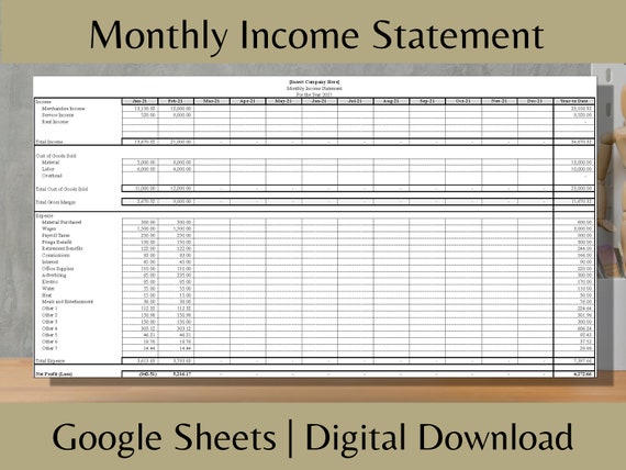 Monthly Income Statement Monthly Profit and Loss Easily | Etsy
