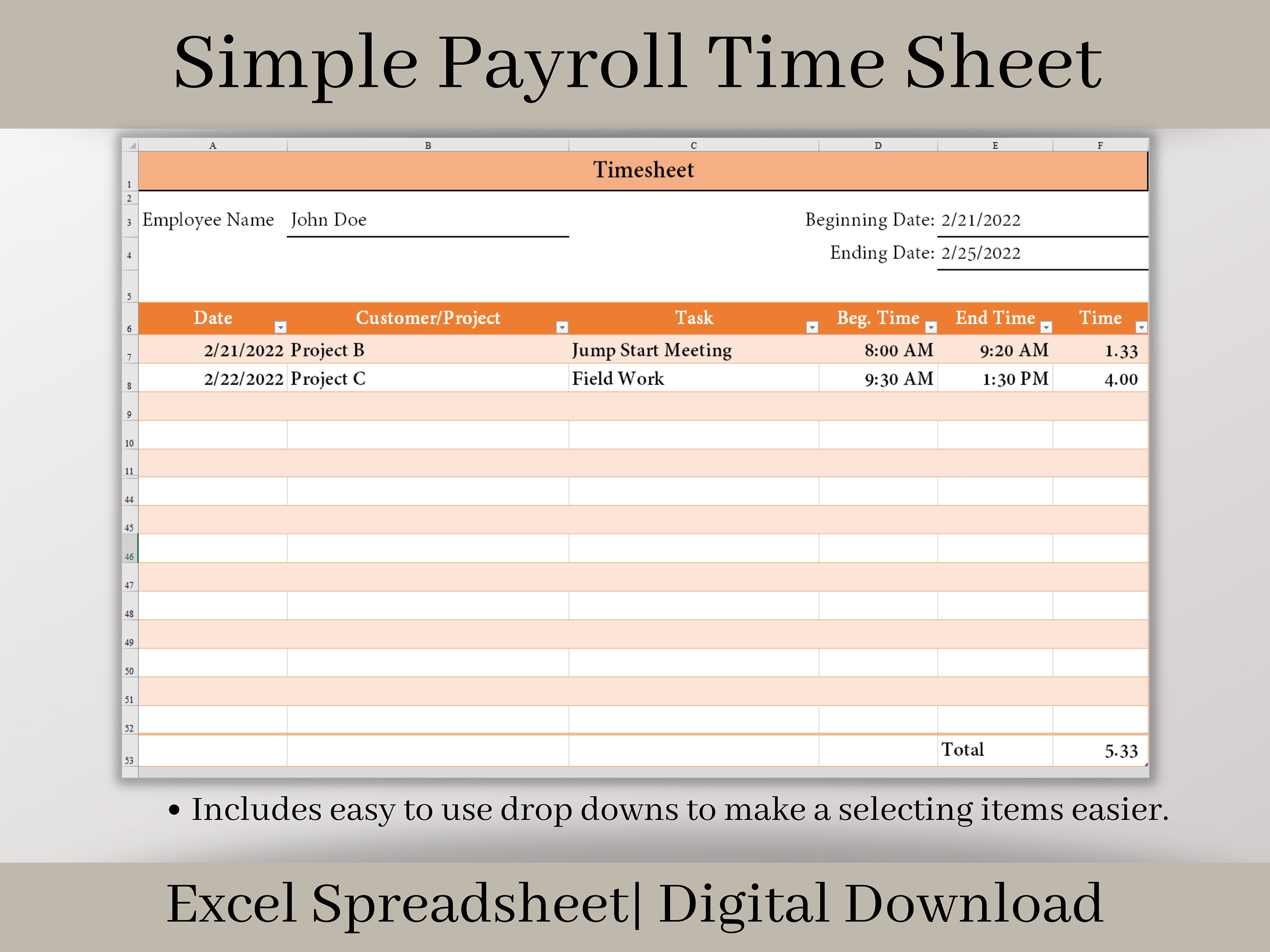 Employee Time Sheet Automated Excel File and PDF Printouts 5 Colors ...