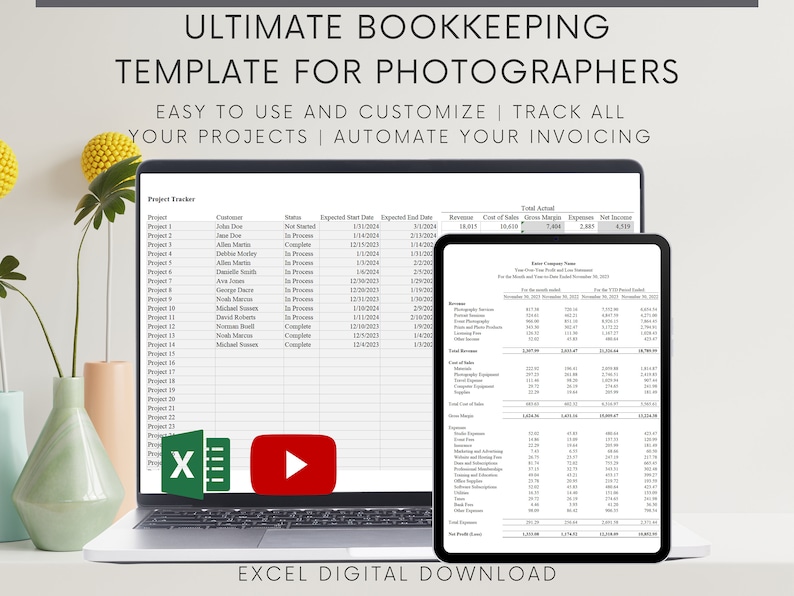 Photographer Bookkeeping Excel Template: Profit and Loss, Invoice ...