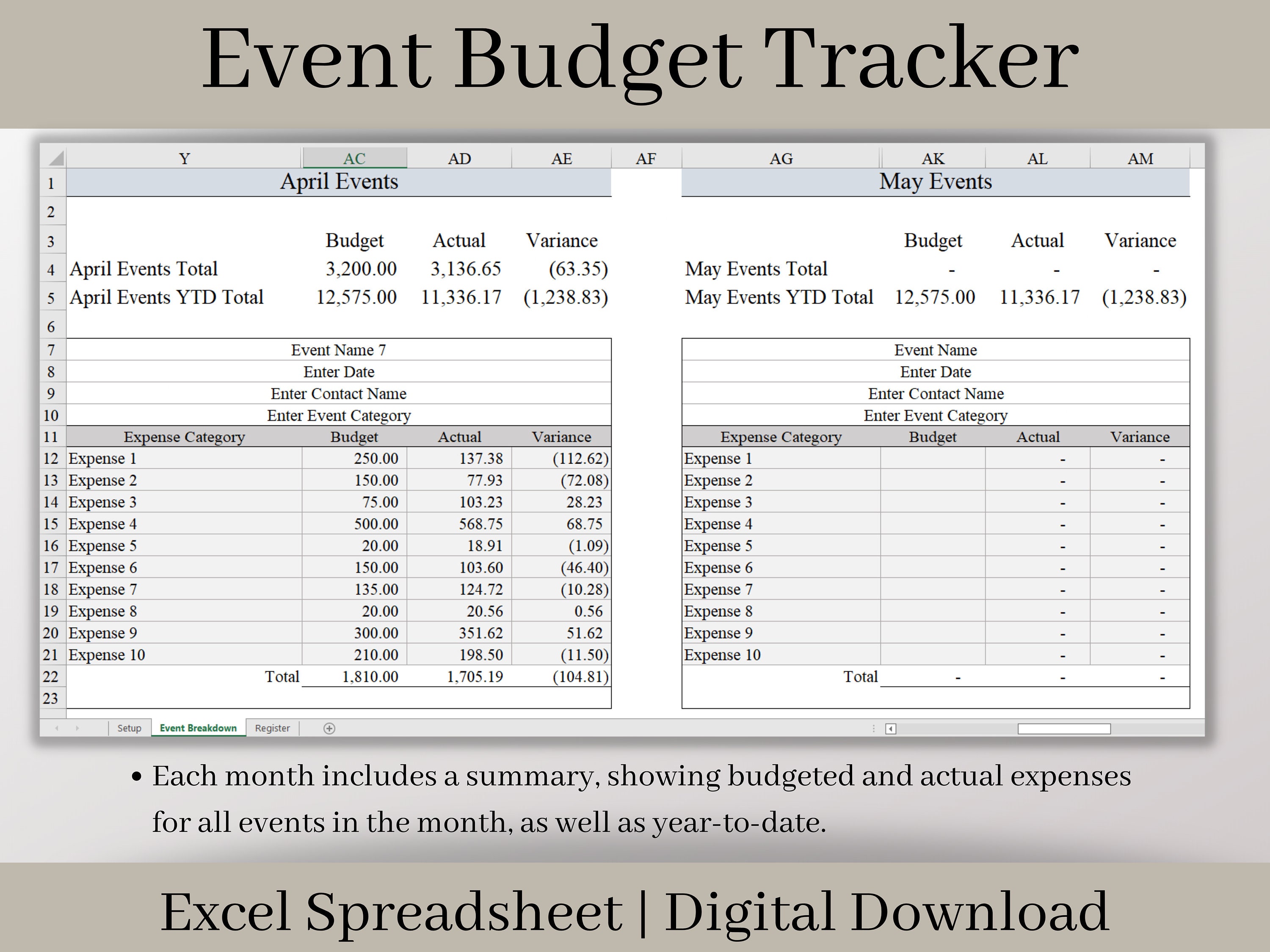 Event Expense Tracker Spreadsheet and Event Planner, Excel Template ...