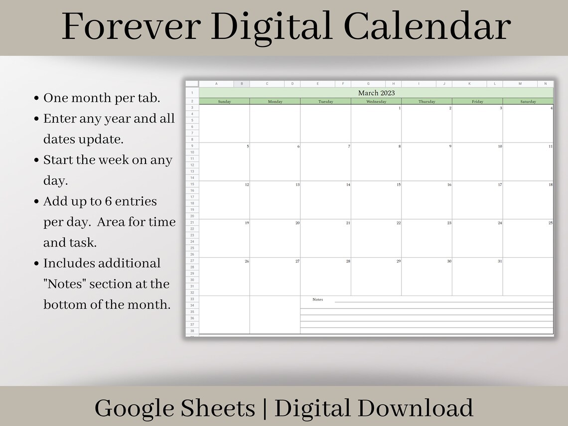 Forever Digital Calendar Google Sheets Digital Planner - Etsy