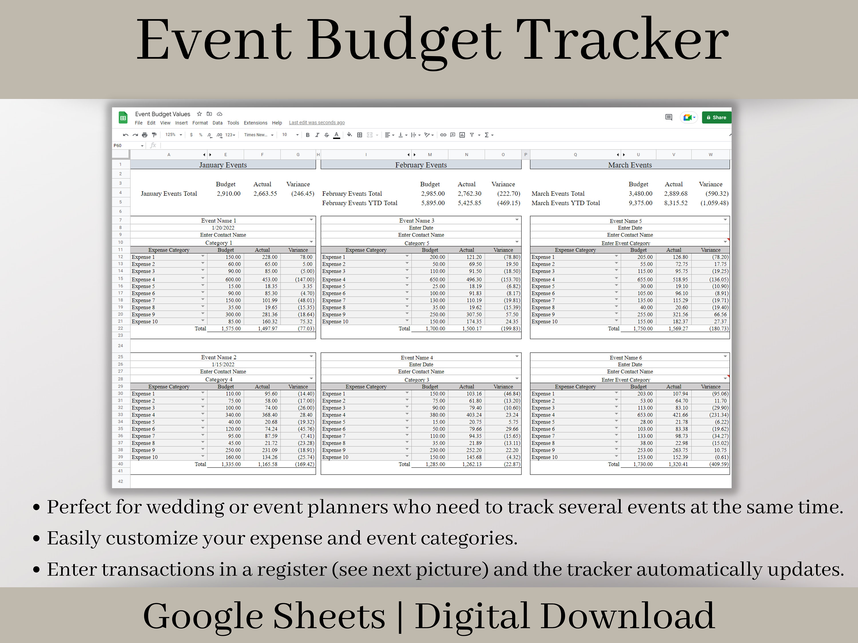 Event Expense Tracker Spreadsheet, Google Sheets Template, Track Budget ...