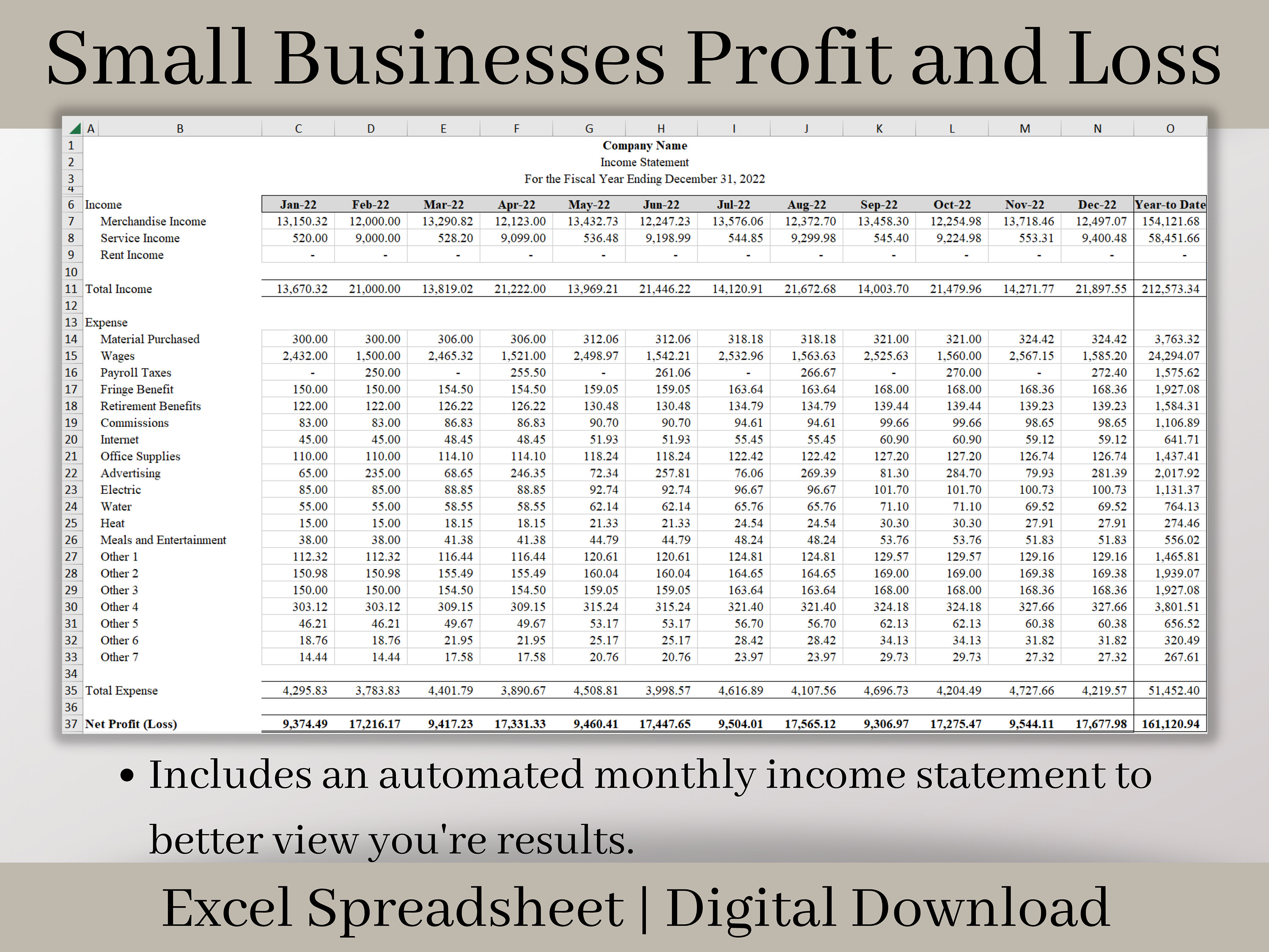 Small Business Bookkeeping Template Profit and Loss Excel Spreadsheet ...