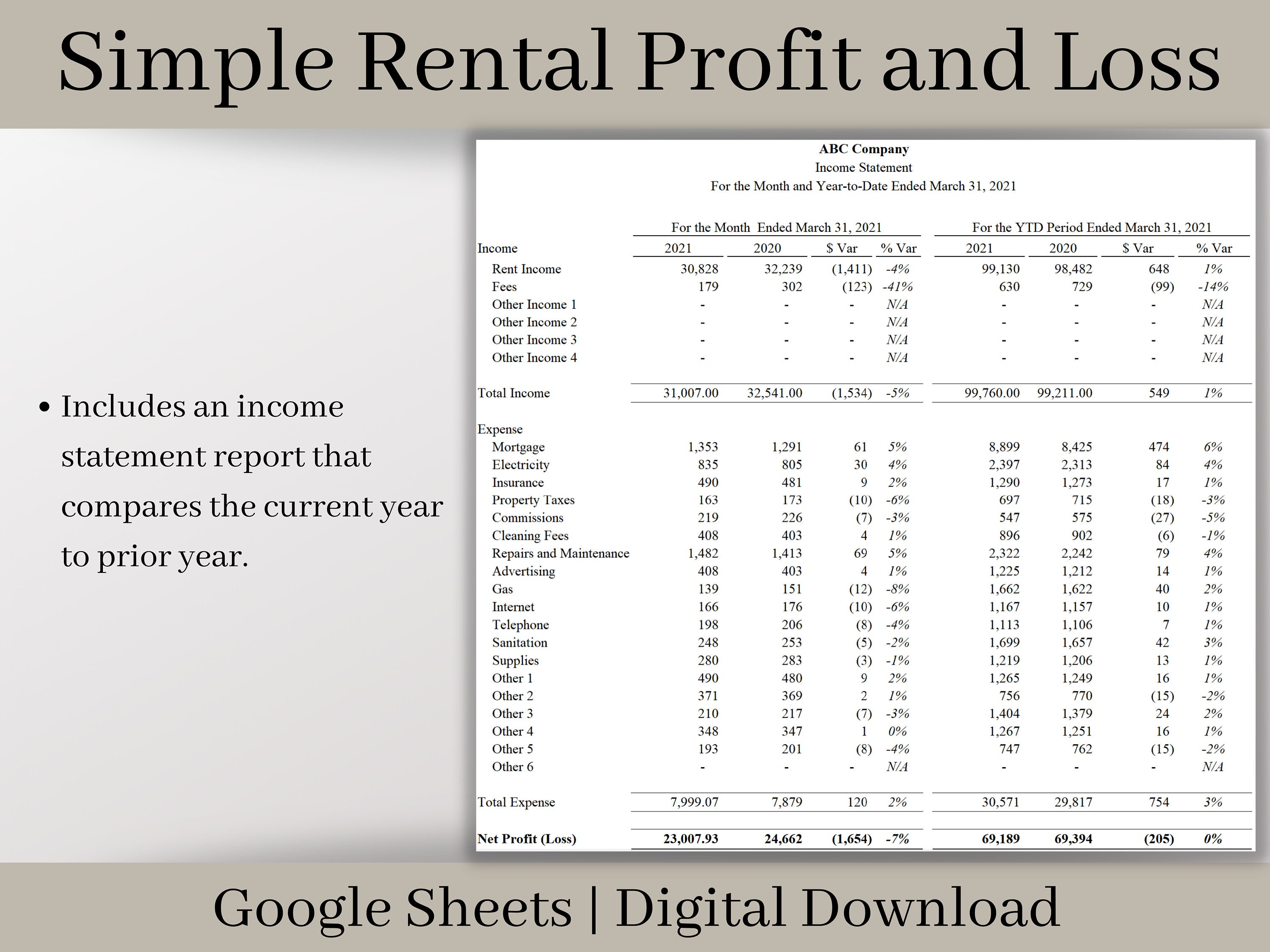 Rental Income Statement Spreadsheet and Bank Reconciliation Tool, Excel ...
