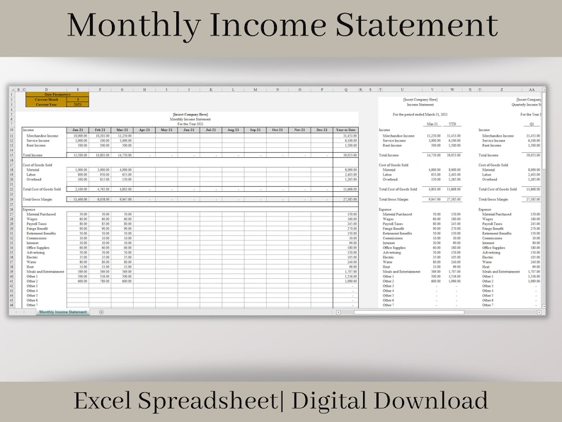 Monthly Income Statement Excel Template: Fillable Profit and Loss ...