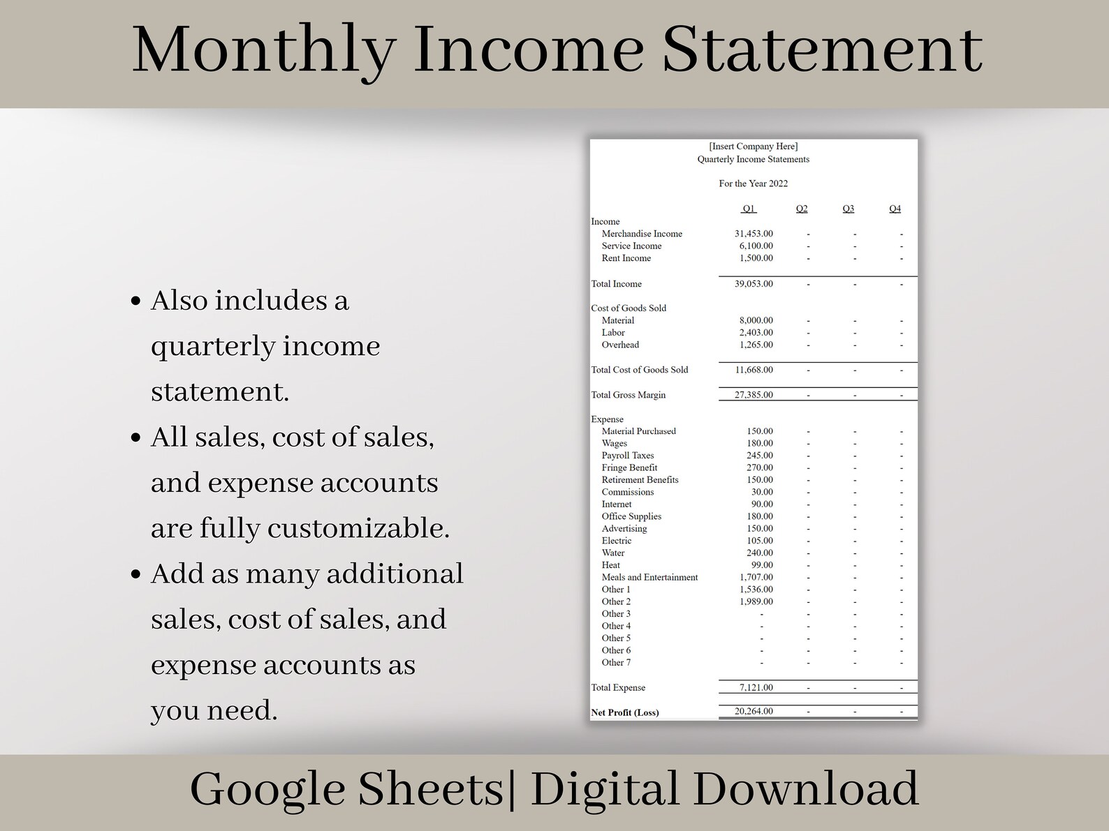 Monthly Income Statement, Monthly Profit and Loss, Easily Fillable and ...