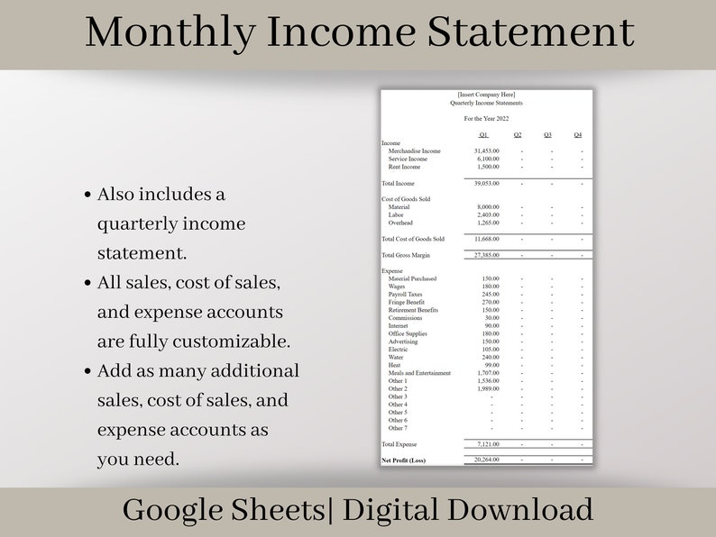 Monthly Income Statement, Monthly Profit and Loss, Easily Fillable and ...