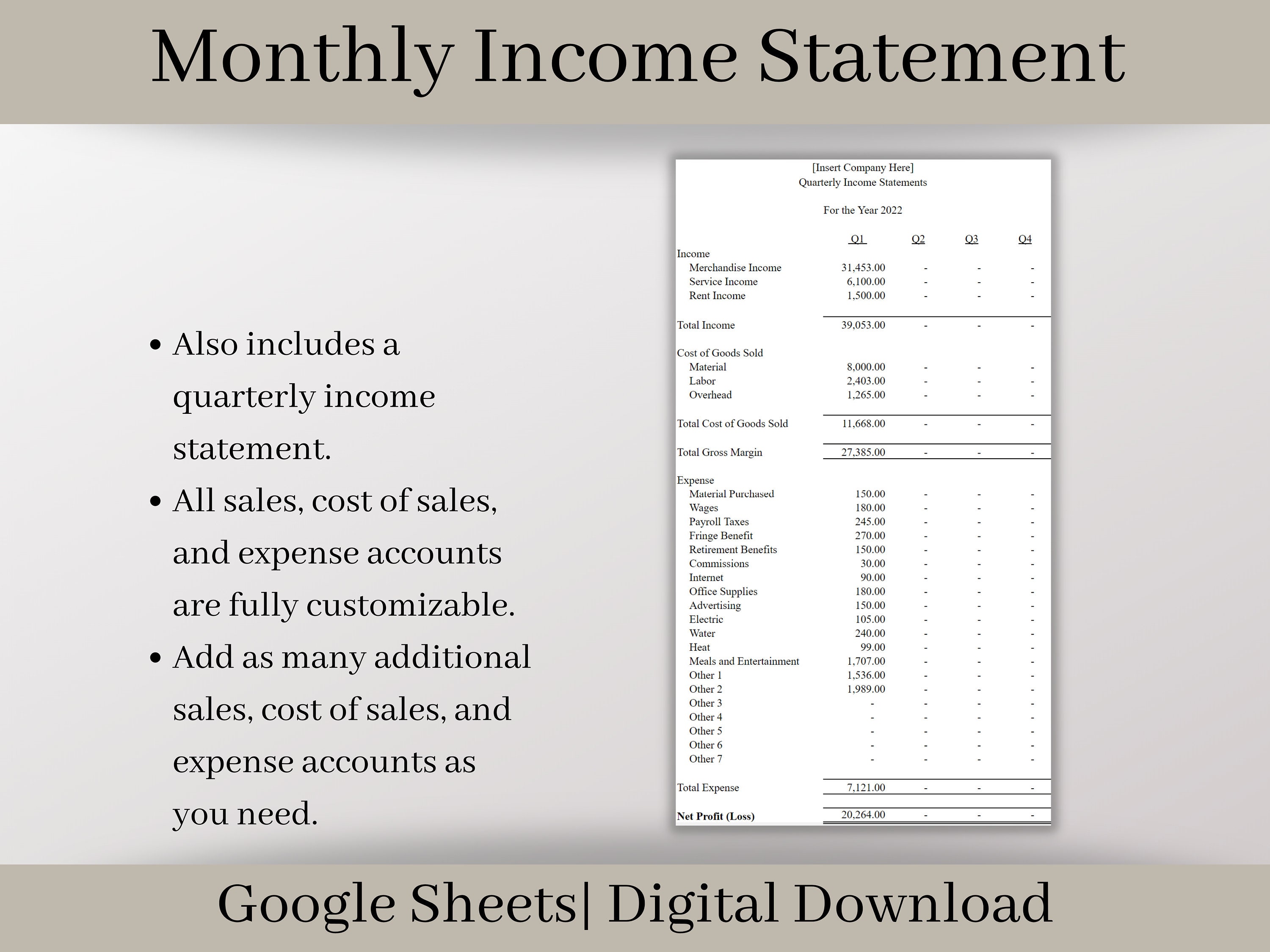 Monthly Income Statement, Monthly Profit and Loss, Easily Fillable and ...