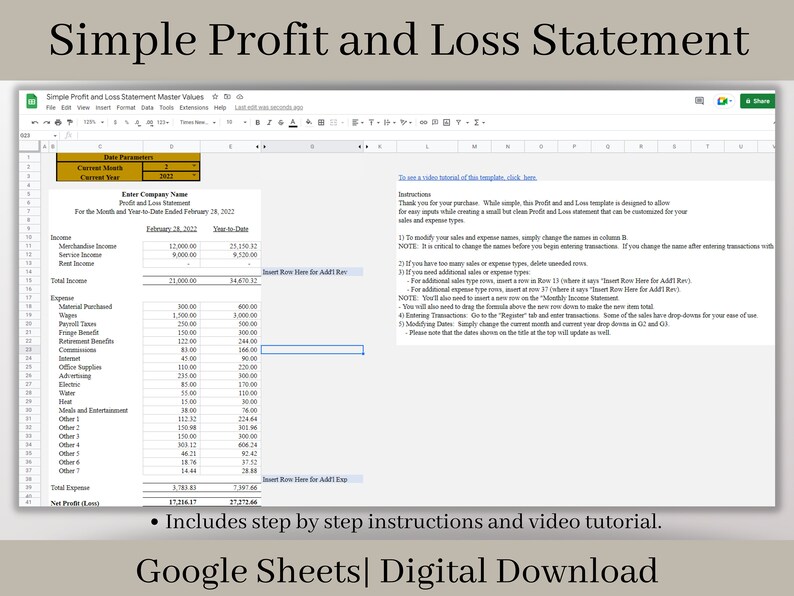 Automated Profit and Loss Statement: Google Sheets Template (digital ...