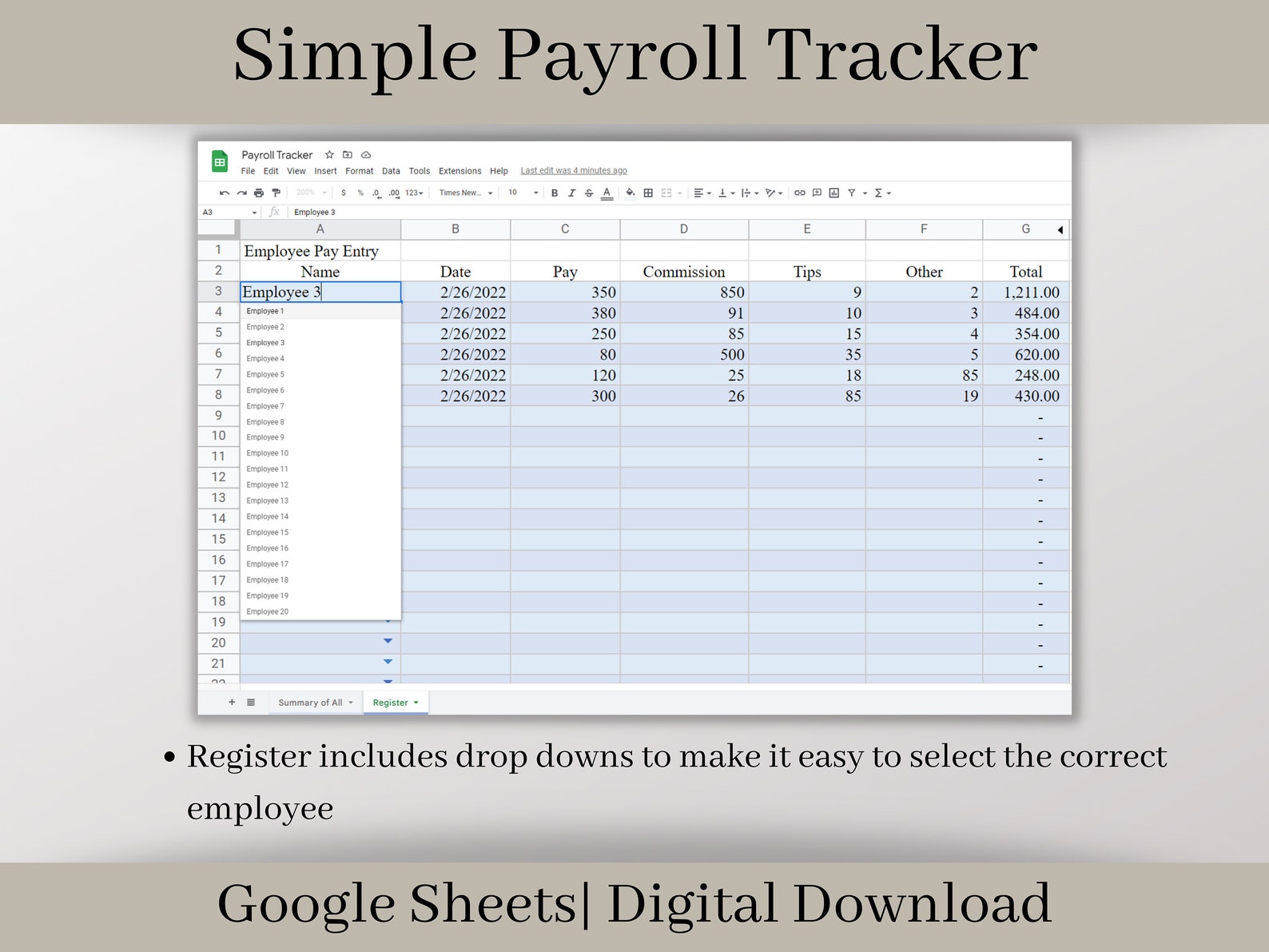 Summary Payroll Report, Easy to Use Employee Payroll Tracker, Summarize ...