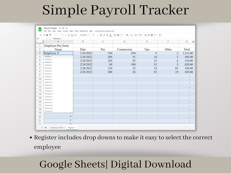 Summary Payroll Report, Easy to Use Employee Payroll Tracker, Summarize ...