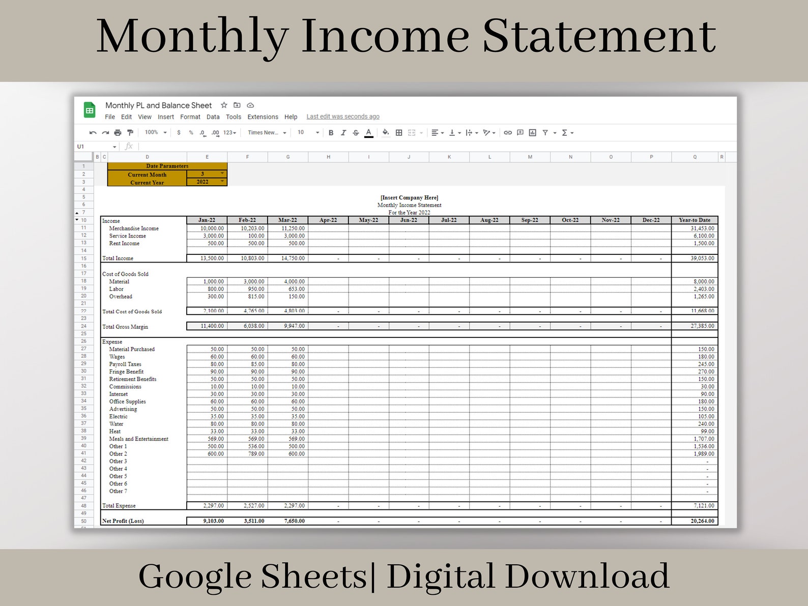 Monthly Income Statement, Monthly Profit and Loss, Easily Fillable and ...
