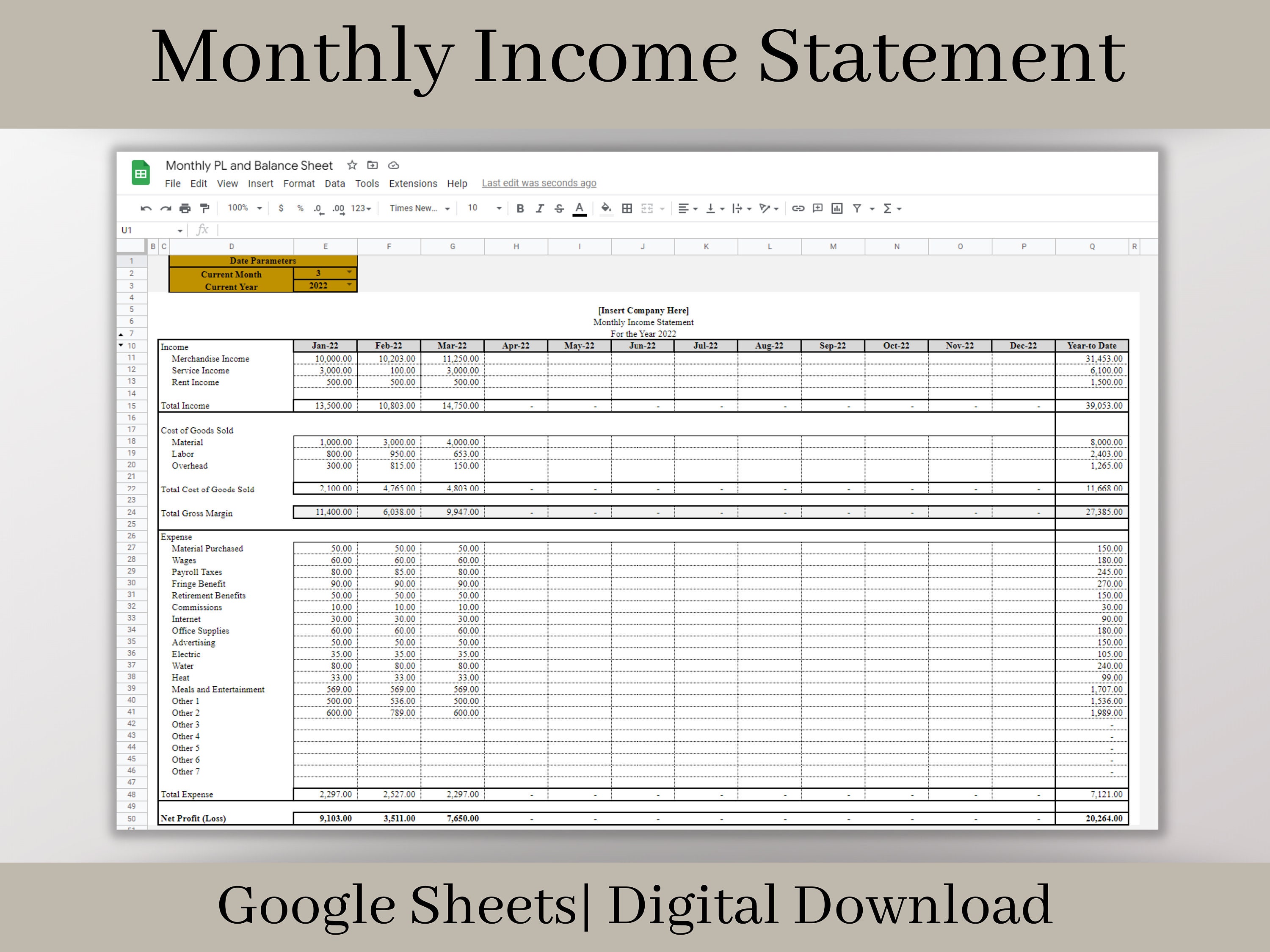 Monthly Income Statement, Monthly Profit and Loss, Easily Fillable and ...