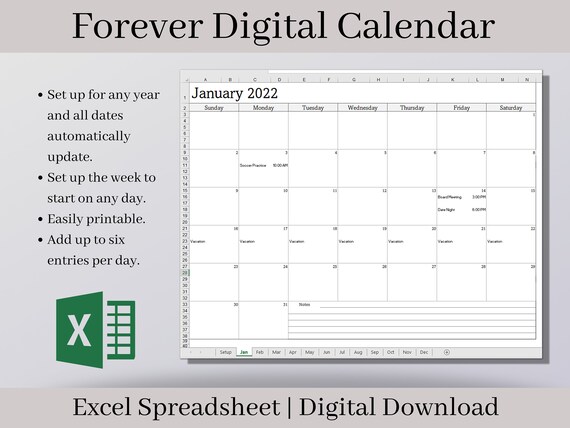 Digital Monthly Calendar Excel Digital Monthly Planner - Etsy
