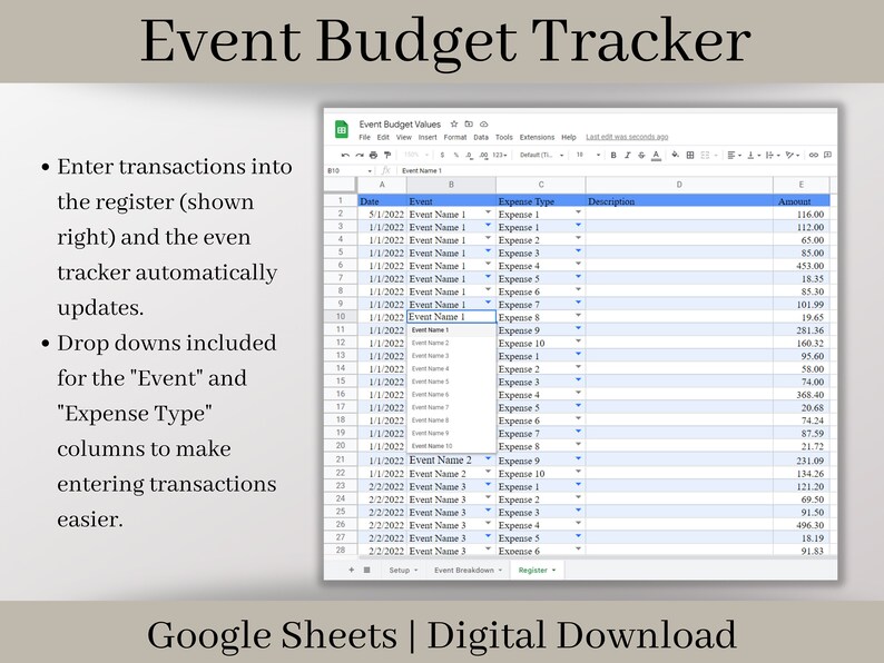 Event Expense Tracker Spreadsheet, Google Sheets Template, Track Budget ...