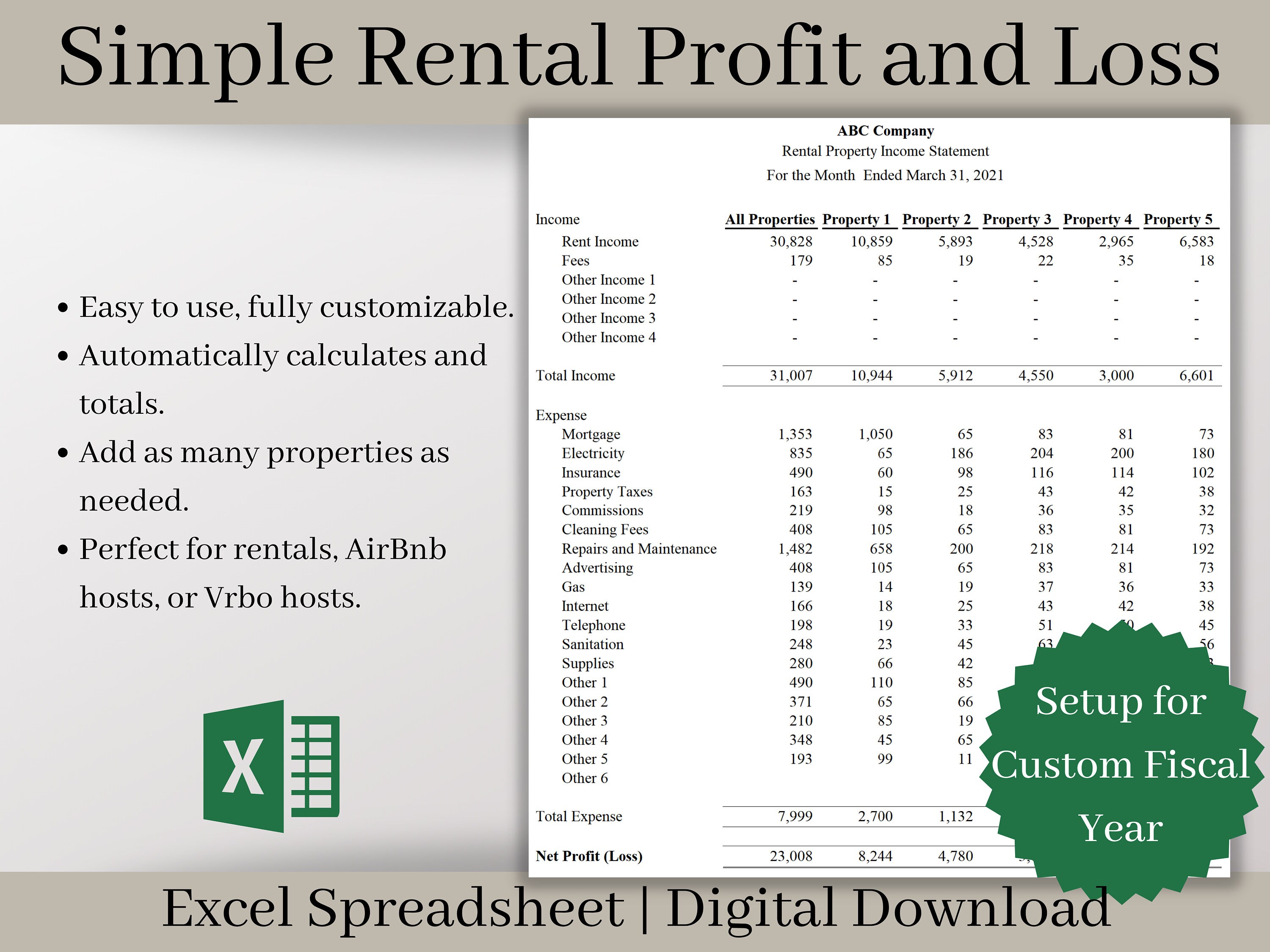 Rental Income Statement Spreadsheet Custom Fiscal Year Excel - Etsy