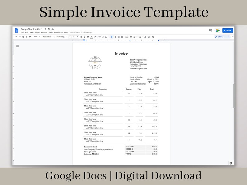 Simple Invoice Template, Google Docs Template Download, A Perfect, Easy ...