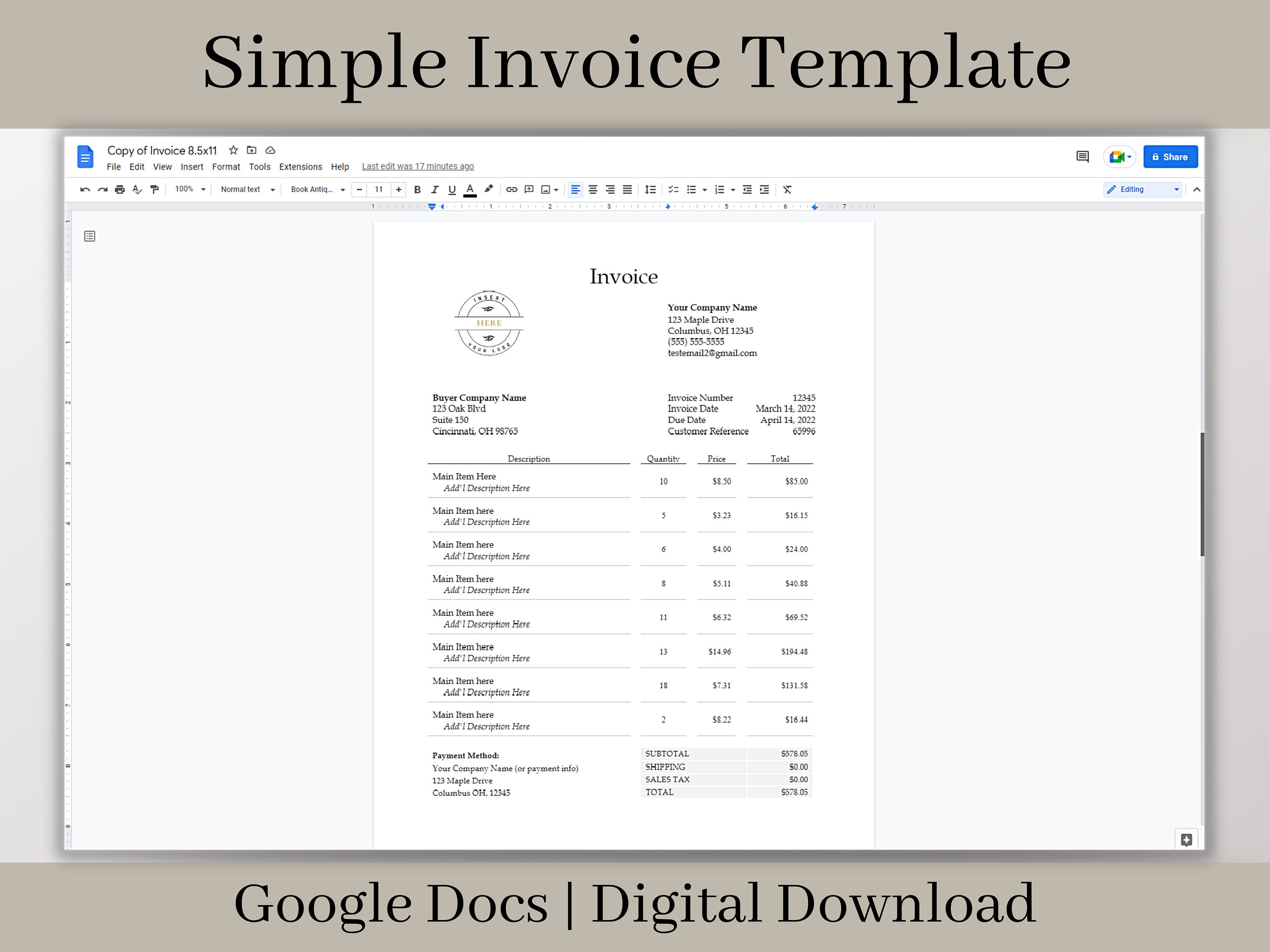 Simple Invoice Template, Google Docs Template Download, A Perfect, Easy ...