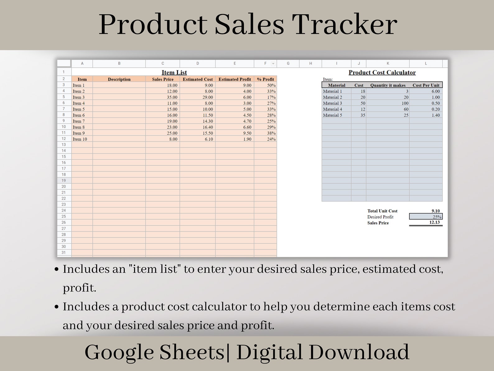 Product Sales Tracker Spreadsheet: Small Business Pricing Calculator ...