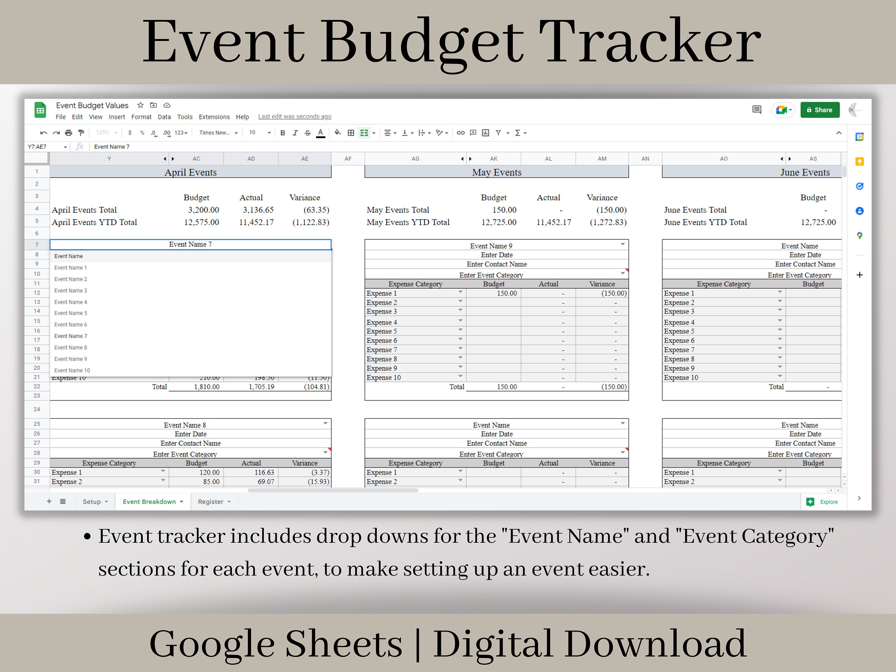 Event Expense Tracker Spreadsheet, Google Sheets Template, Track Budget ...