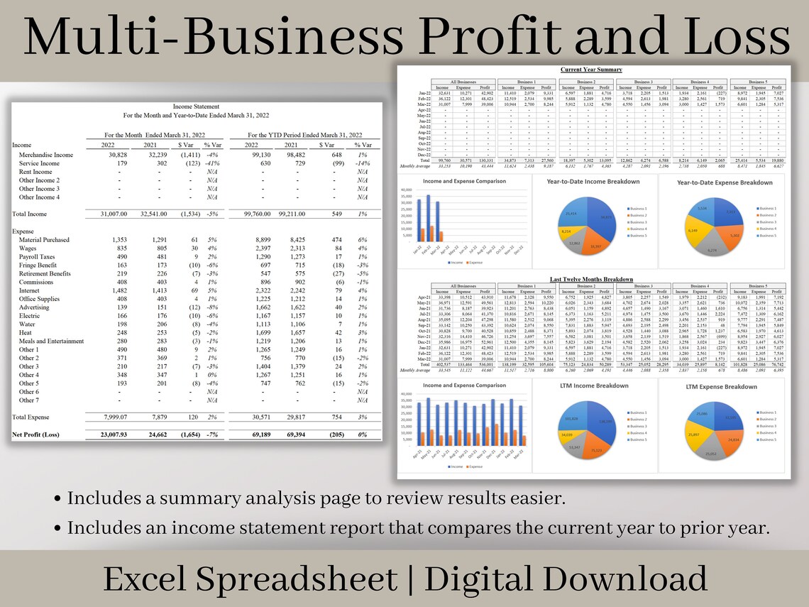 Multi-business Profit and Loss Spreadsheet, Google Sheets Small ...