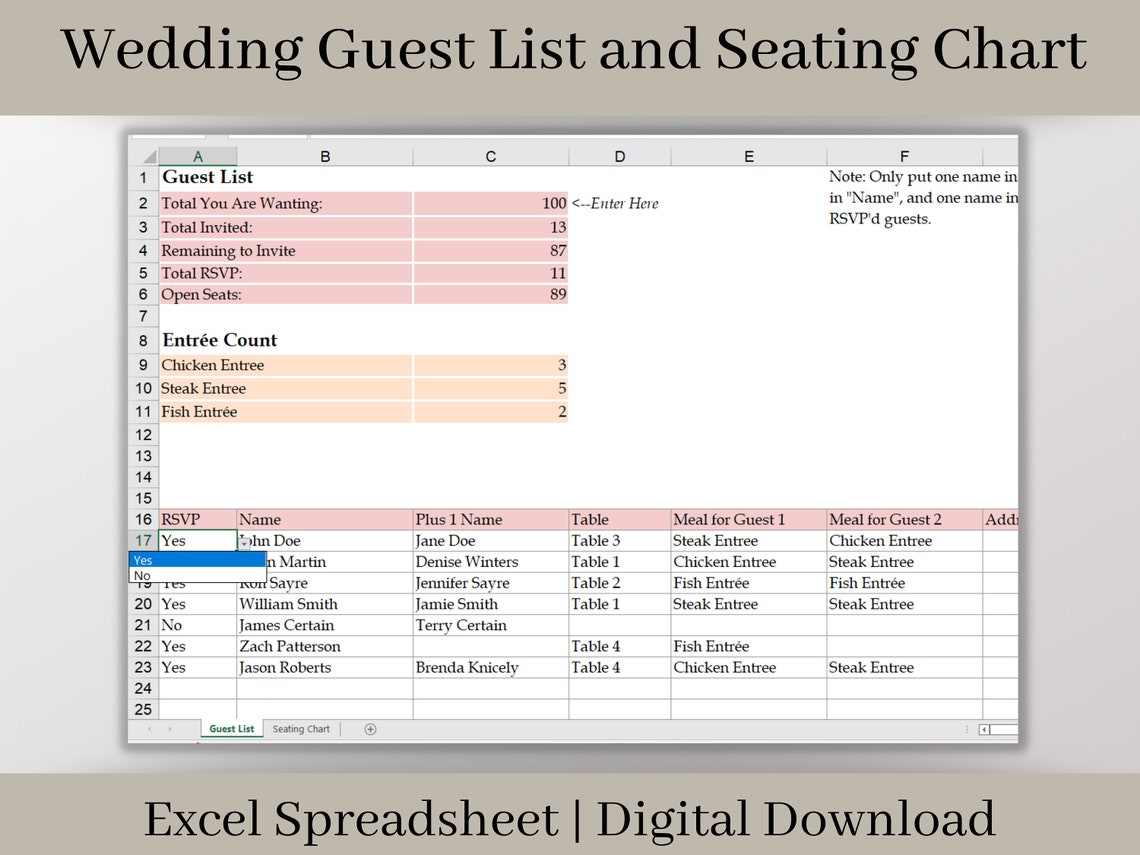 Wedding Guest List and Seating Chart Spreadsheet, Excel Template, Plan ...