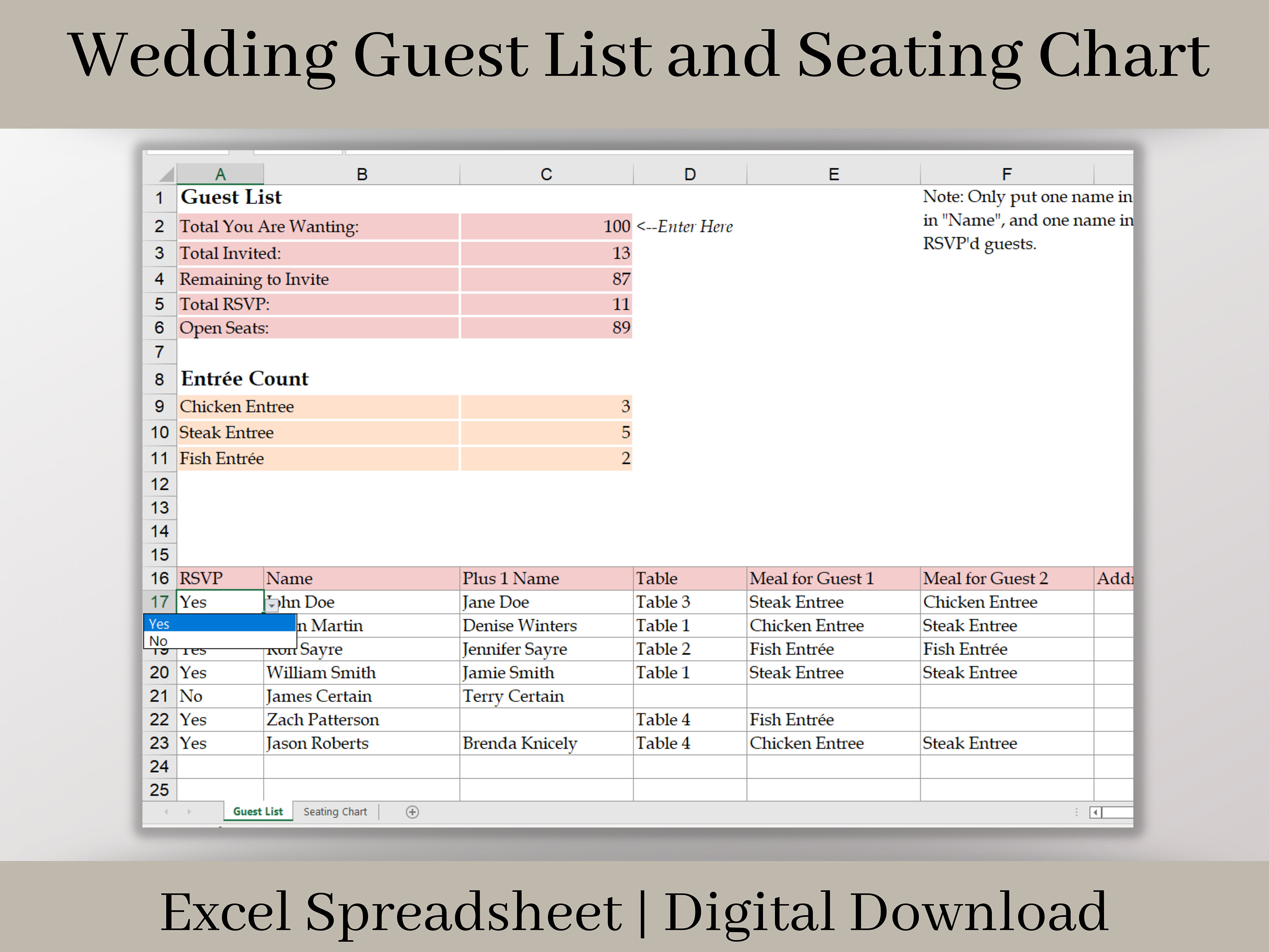 Hochzeit Gästeliste und Sitzplan Tabelle, Excel Vorlage, Planen Sie ...