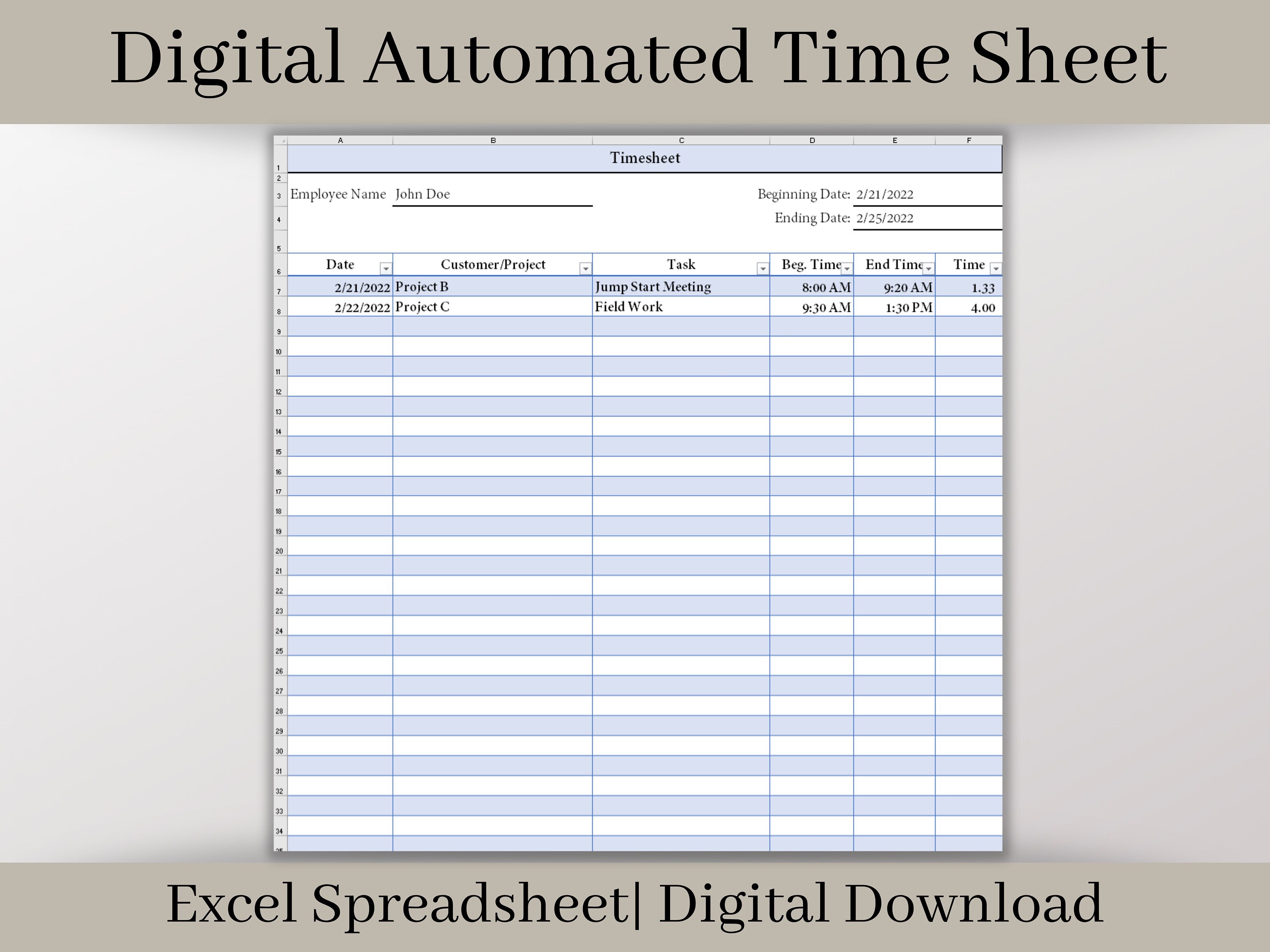 Employee Time Sheet Automated Excel File and PDF Printouts 5 Colors ...