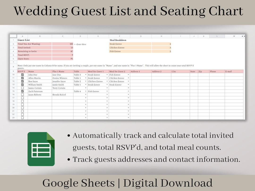 Wedding Guest List and Seating Chart Spreadsheet, Google Sheets, Plan ...