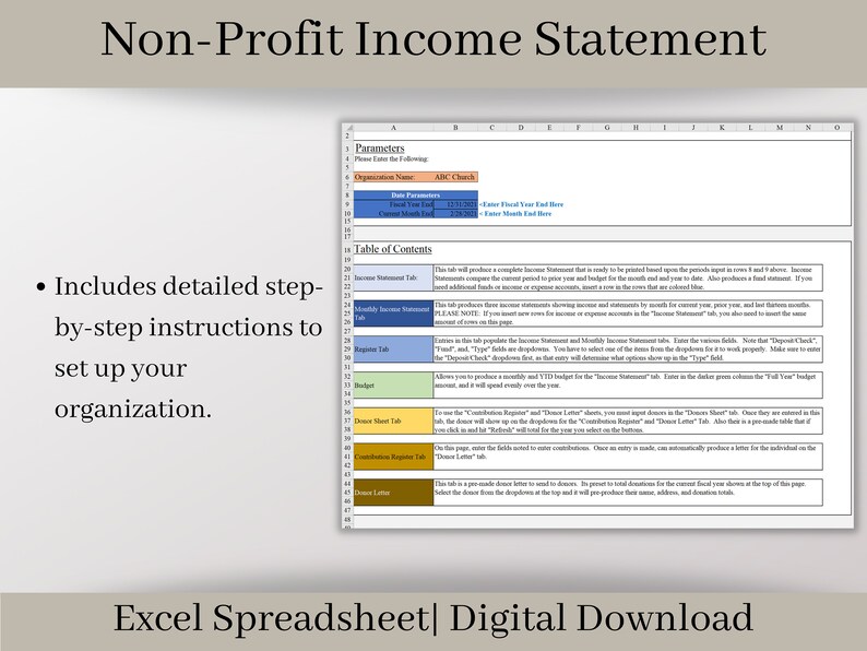 Non-profit Income Statement Excel Template: Charity, Church, Fundraiser ...