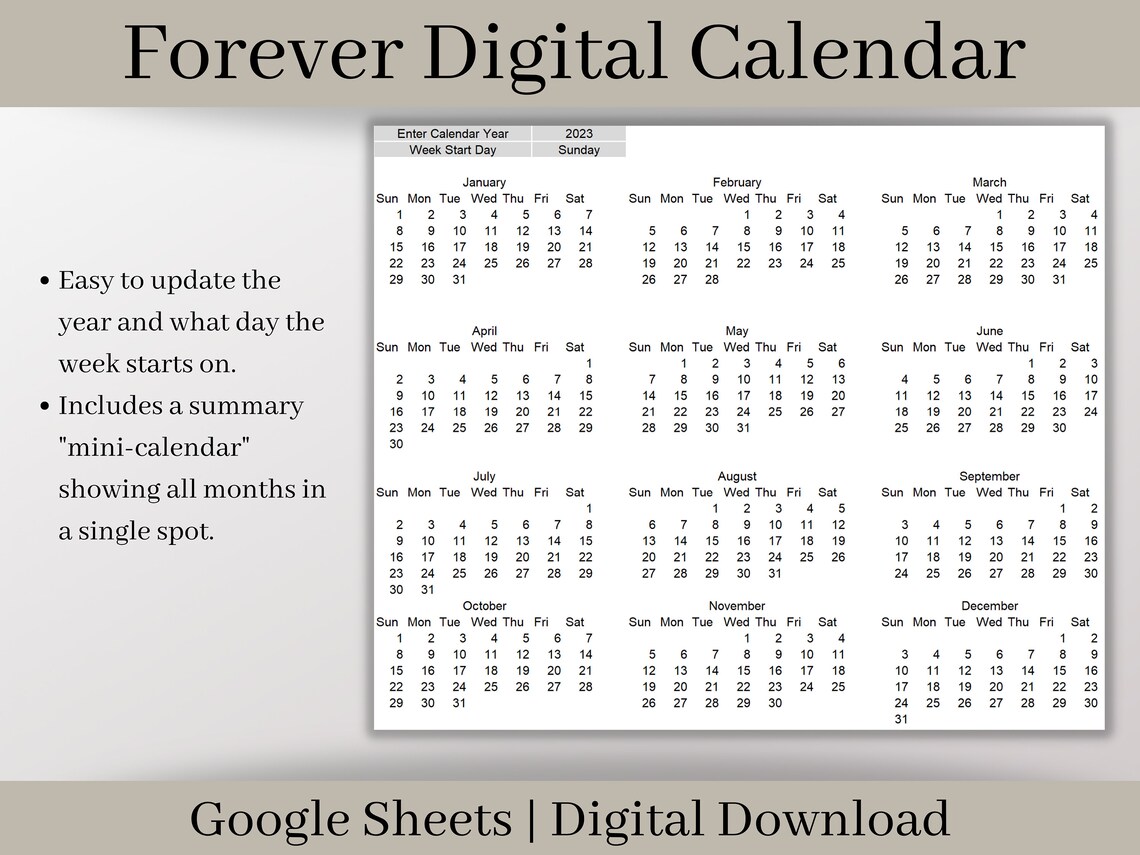 Forever Digital Calendar Google Sheets Digital Planner - Etsy