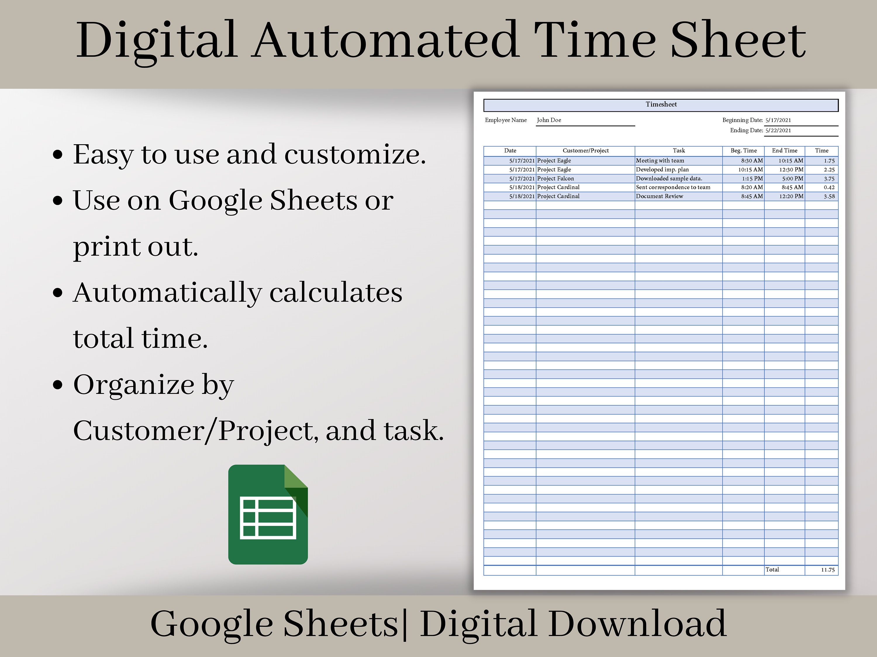Simple Time Tracker, Google Sheets Template, PDF Printouts Included ...