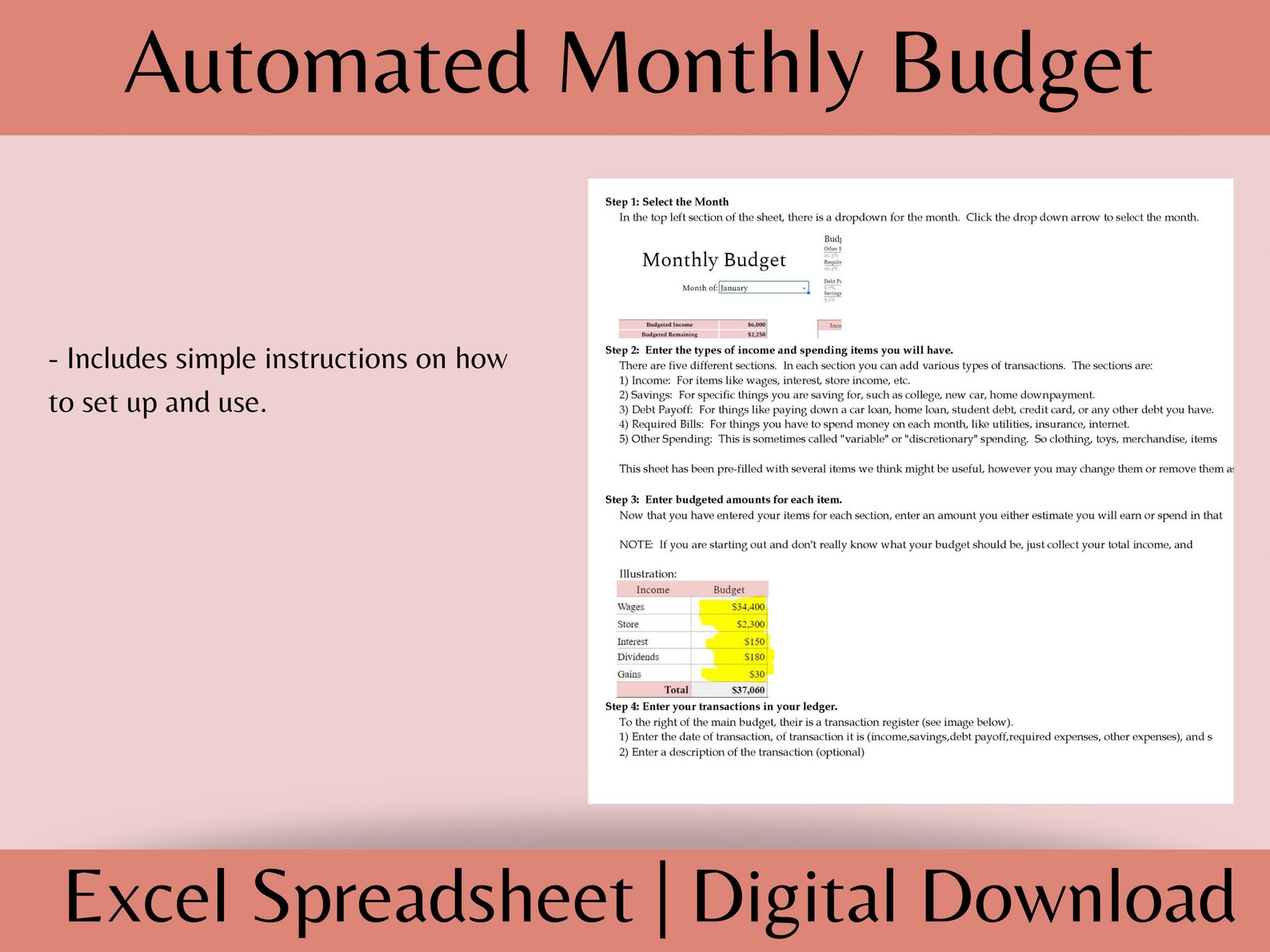 Monthly Budget Spreadsheet Excel Automated Budget Planner | Etsy