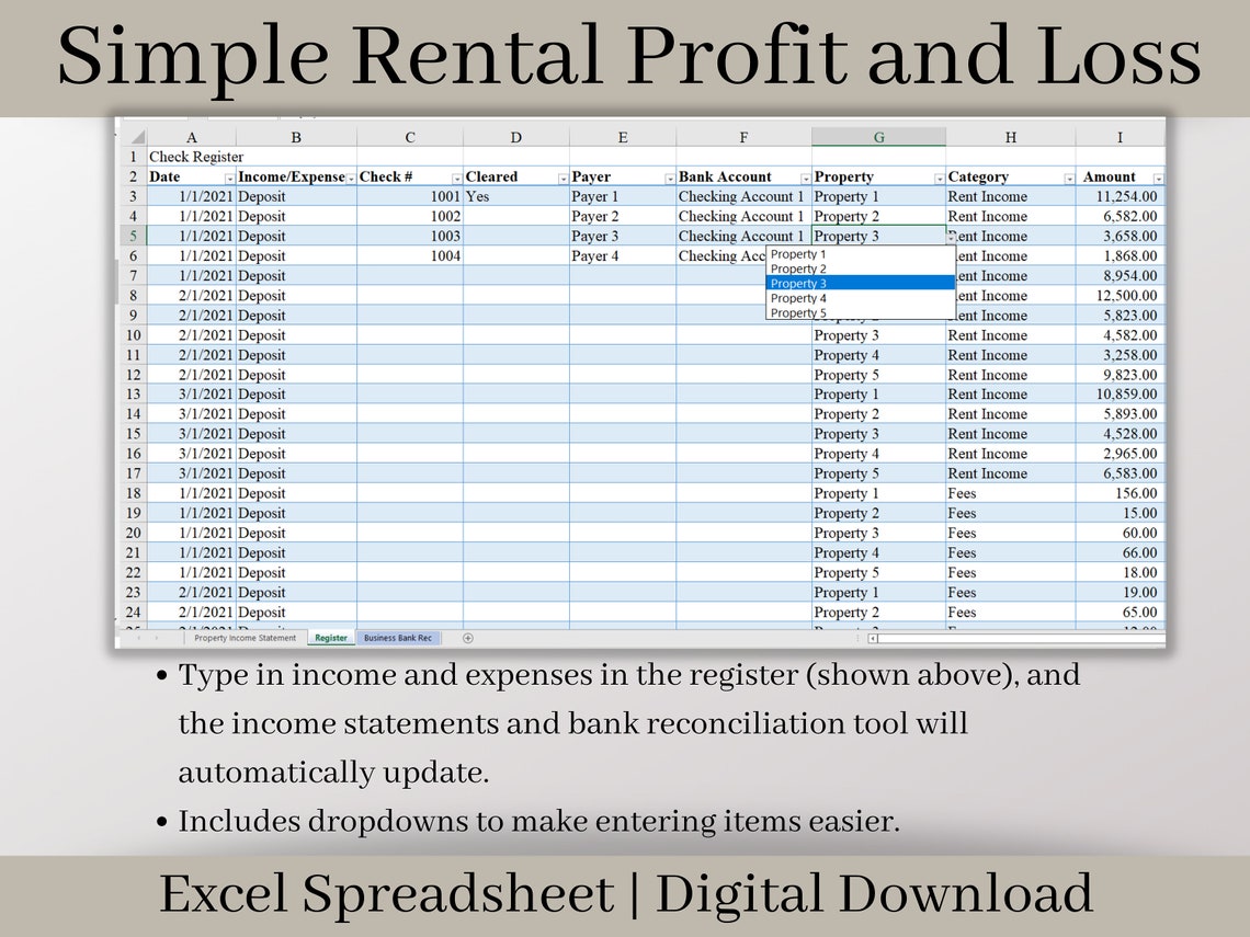 Rental Income Statement Spreadsheet and Bank Reconciliation Tool, Excel ...