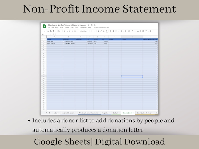 Non-profit Income Statement Google Sheet: Charity & Church Accounting ...