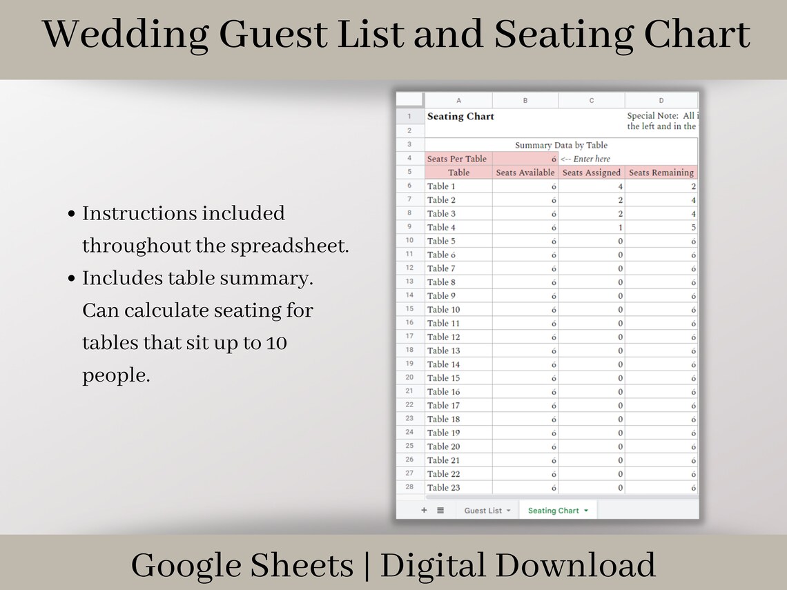 Wedding Guest List and Seating Chart Spreadsheet Google - Etsy