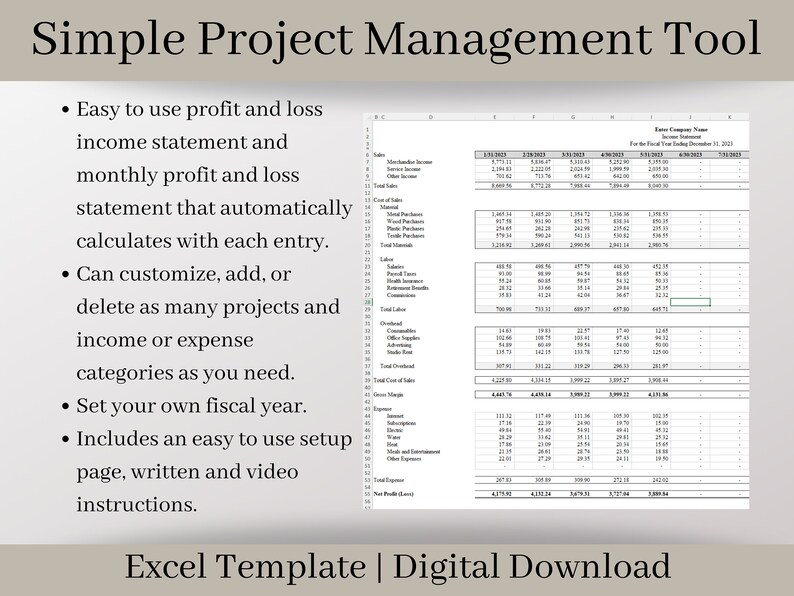 Profit and Loss & Project Management Excel Template (digital Download ...