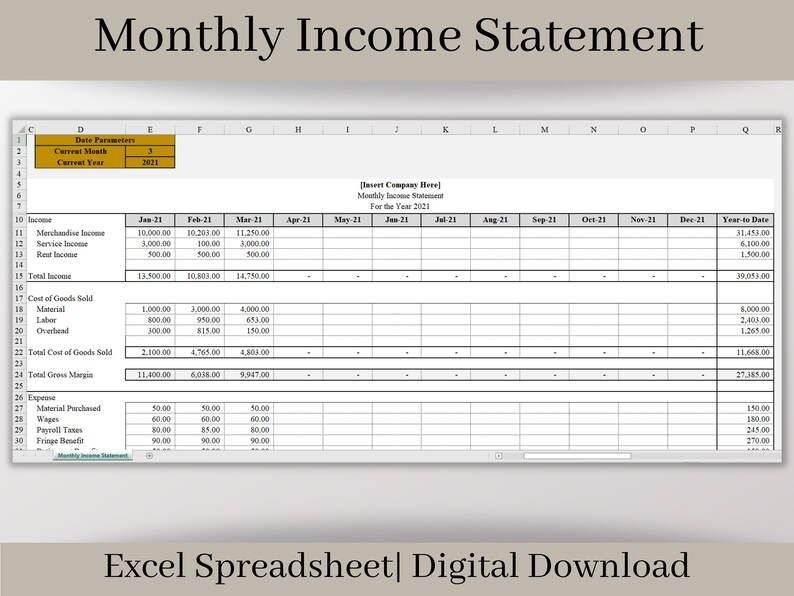Monthly Income Statement Excel Template: Fillable Profit and Loss ...