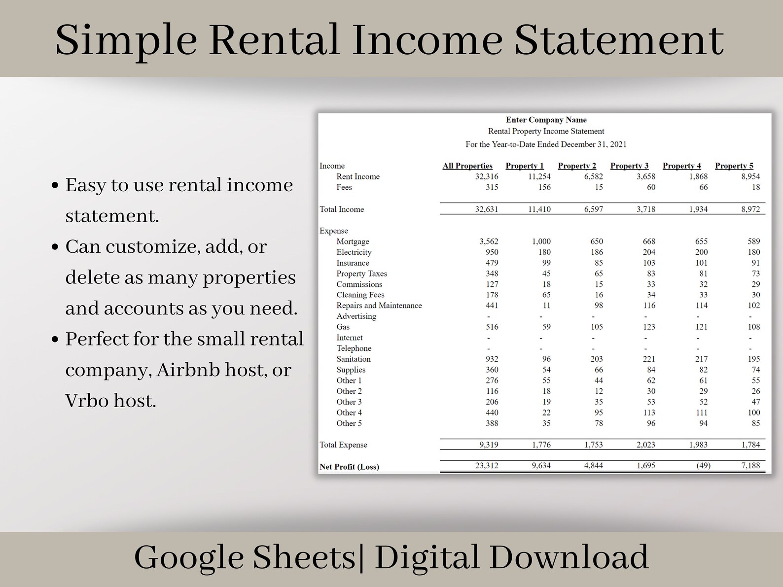 Rental Income Statement Spreadsheet: Landlord Profit & Loss (google ...