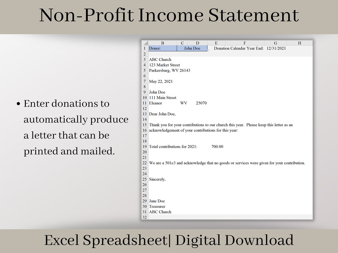 Non-profit Income Statement Excel Template: Charity, Church, Fundraiser ...