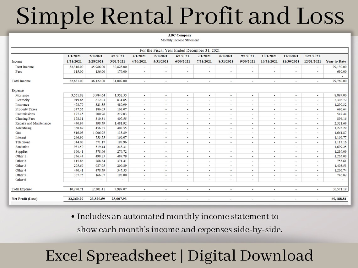 Rental Income Statement Spreadsheet and Bank Reconciliation Tool, Excel ...