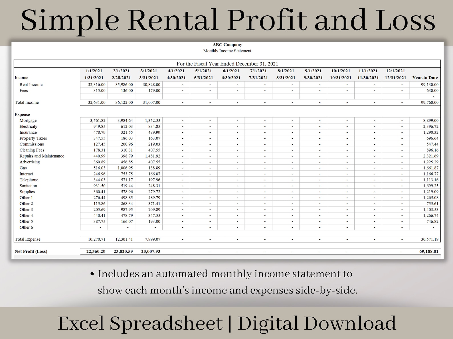 Rental Income Statement Spreadsheet and Bank Reconciliation Tool, Excel ...