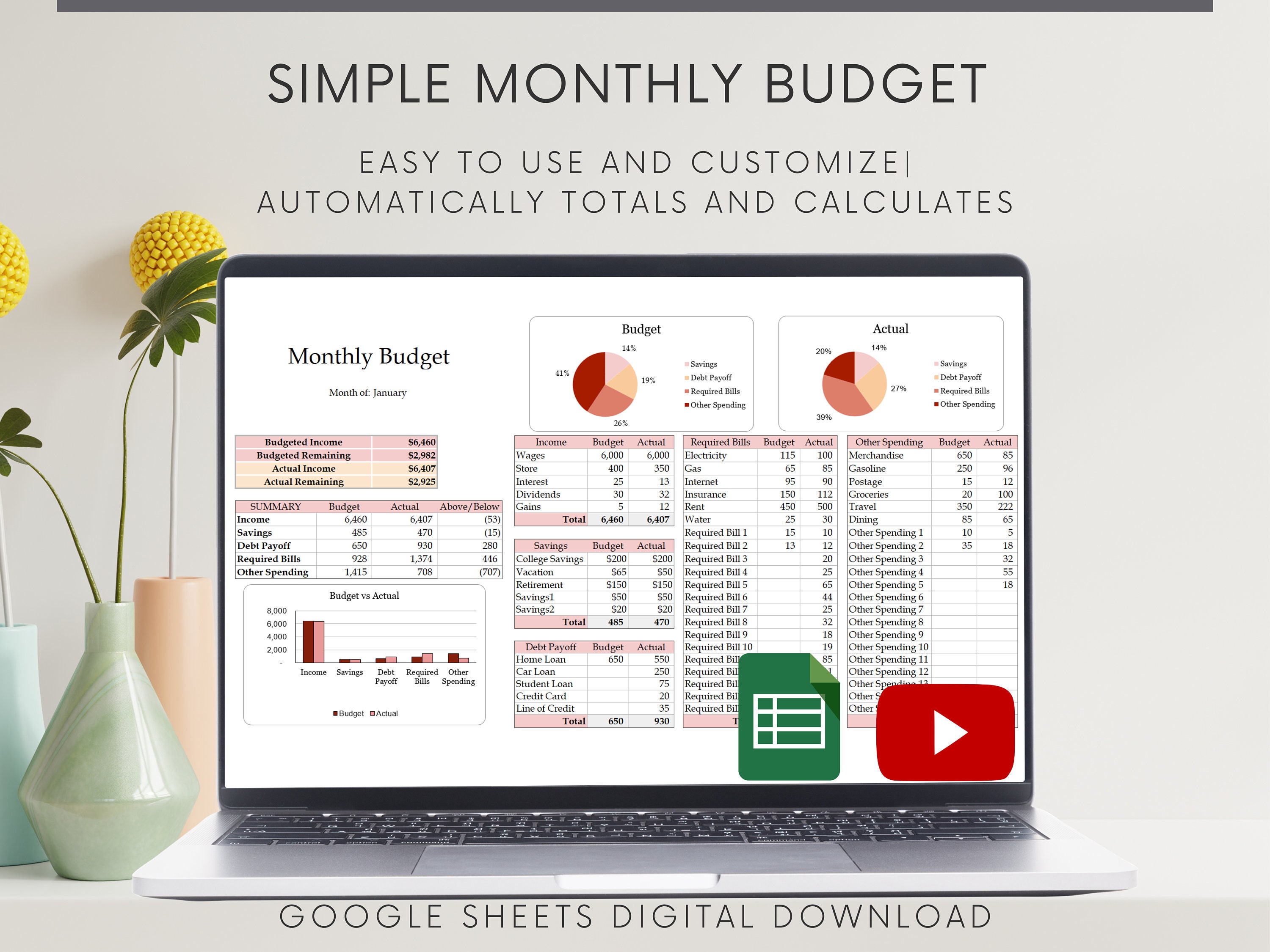 Monthly Budget Spreadsheet, Google Sheets Automated Budget Planner ...