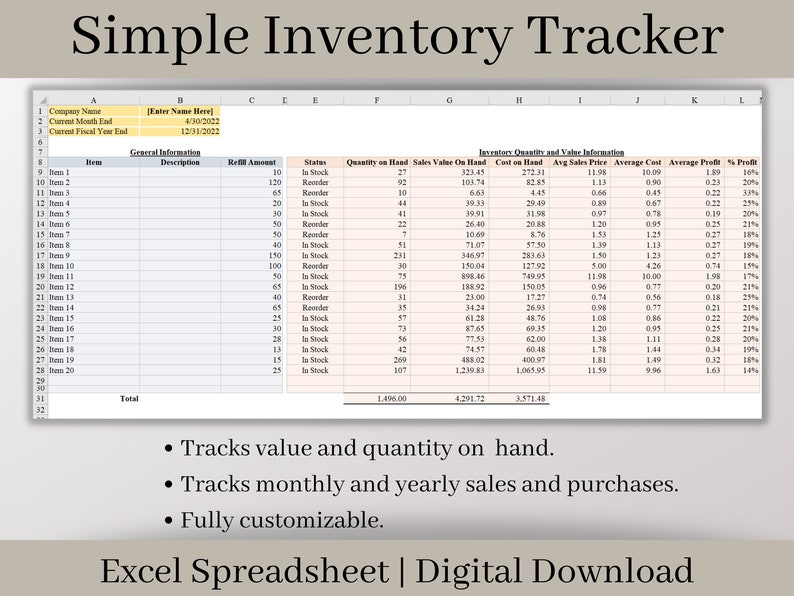 Inventory Tracker Excel Template: Sales, Profit, Quantity (digital ...